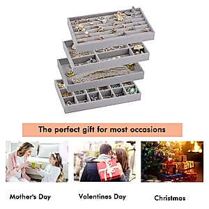 Ptaedex Stackable Velvet Jewelry Trays Organizer for Drawers, Small Jewelry Drawer Organizer Display Tray for Earring Ring Watch Bangle Bracelet Necklace, Set of 4, Gray