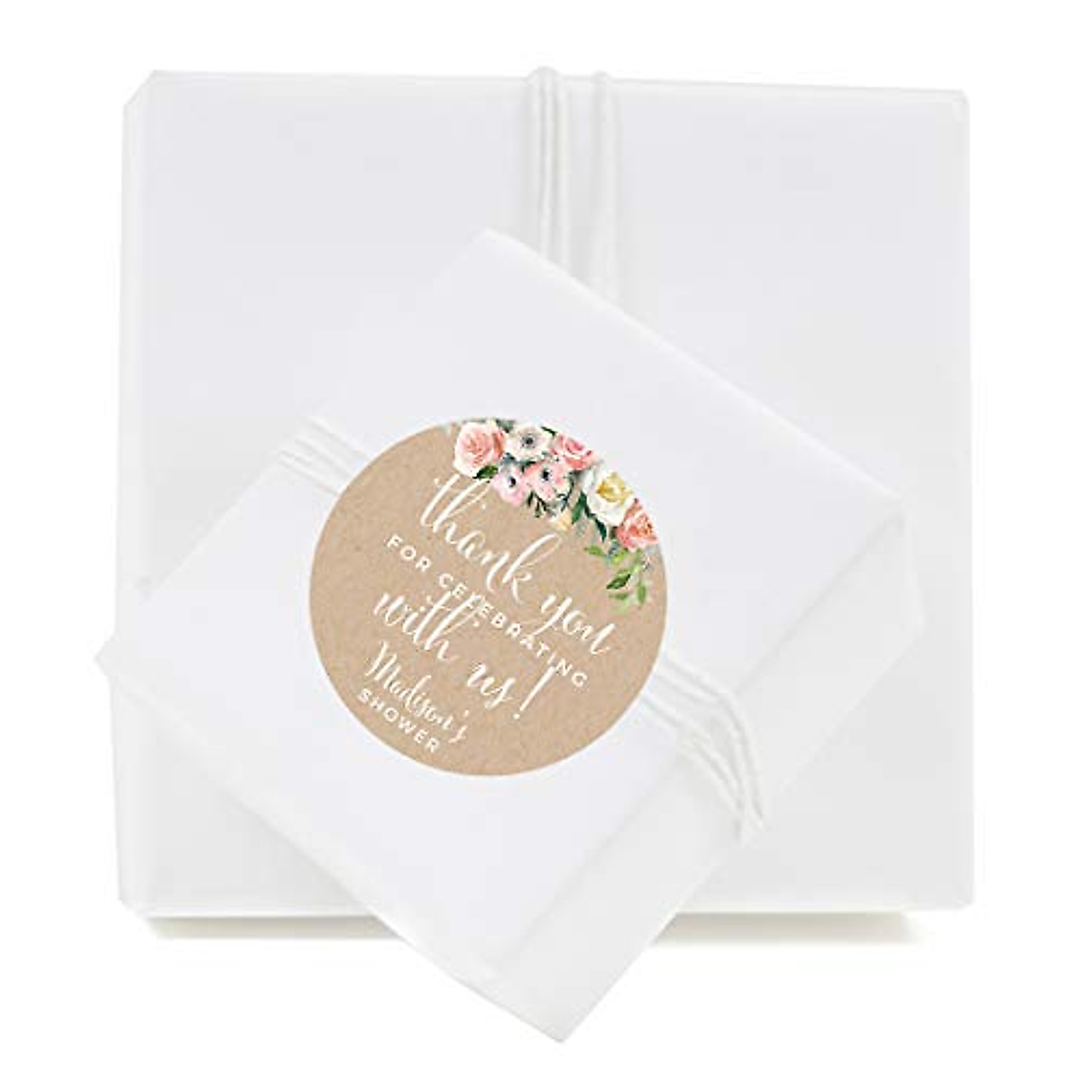 Andaz Press Peach Coral Kraft Brown Rustic Floral Garden Party Wedding Collection, Personalized Round Circle Label Stickers, Thank You for Celebrating with US, 40-Pack, Custom Name