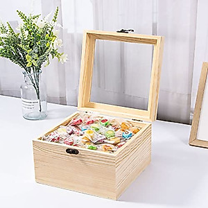 Useekoo Unfinished Wooden Display Box with Glass Top Hinged Lid, 7.9'' x 7.9'' x 4.7'' Small Wood Keepsake Storage Box, DIY Craft Box for Collectibles Jewelry Gift and Home Decorations