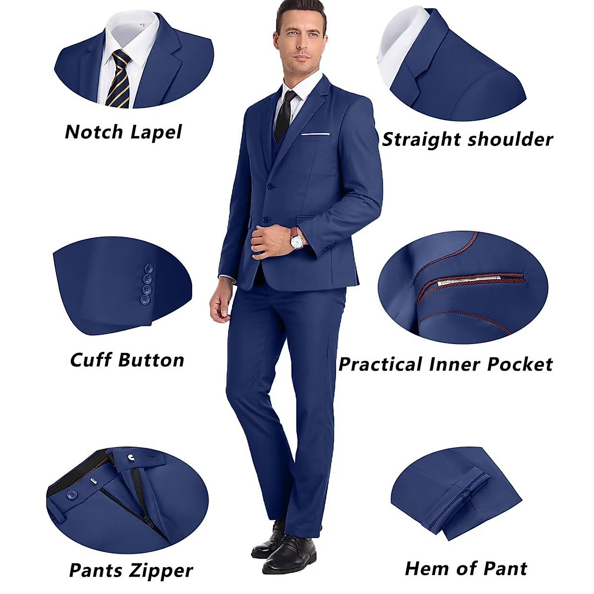 Mens Suit 3 Piece Slim Fit Suits Prom Tuxedo Blazer Dress Business Wedding Jacket Vest & Pants with Tie Navy XL