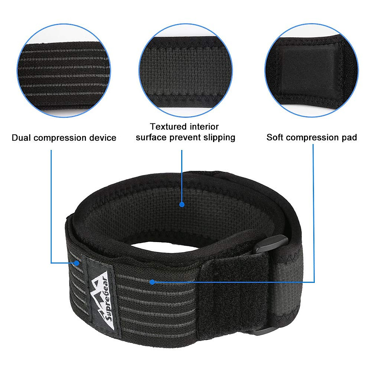 supregear IT Band Strap, Adjustable Iliotibial Band - Knee, Thigh, Hip & ITB Syndrome Support - Extra Compression Stabilizer for Patellar Tendonitis and Osgood Schlatters Woman Men