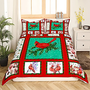 Erosebridal Cardinals Birds Duvet Cover Red Cardinal Bedding Set for Kids Child,Green Pine Tree Branches Comforter Cover Cute Bird Animal Bed Sets Patchwork Style Bedroom Decor Twin Size