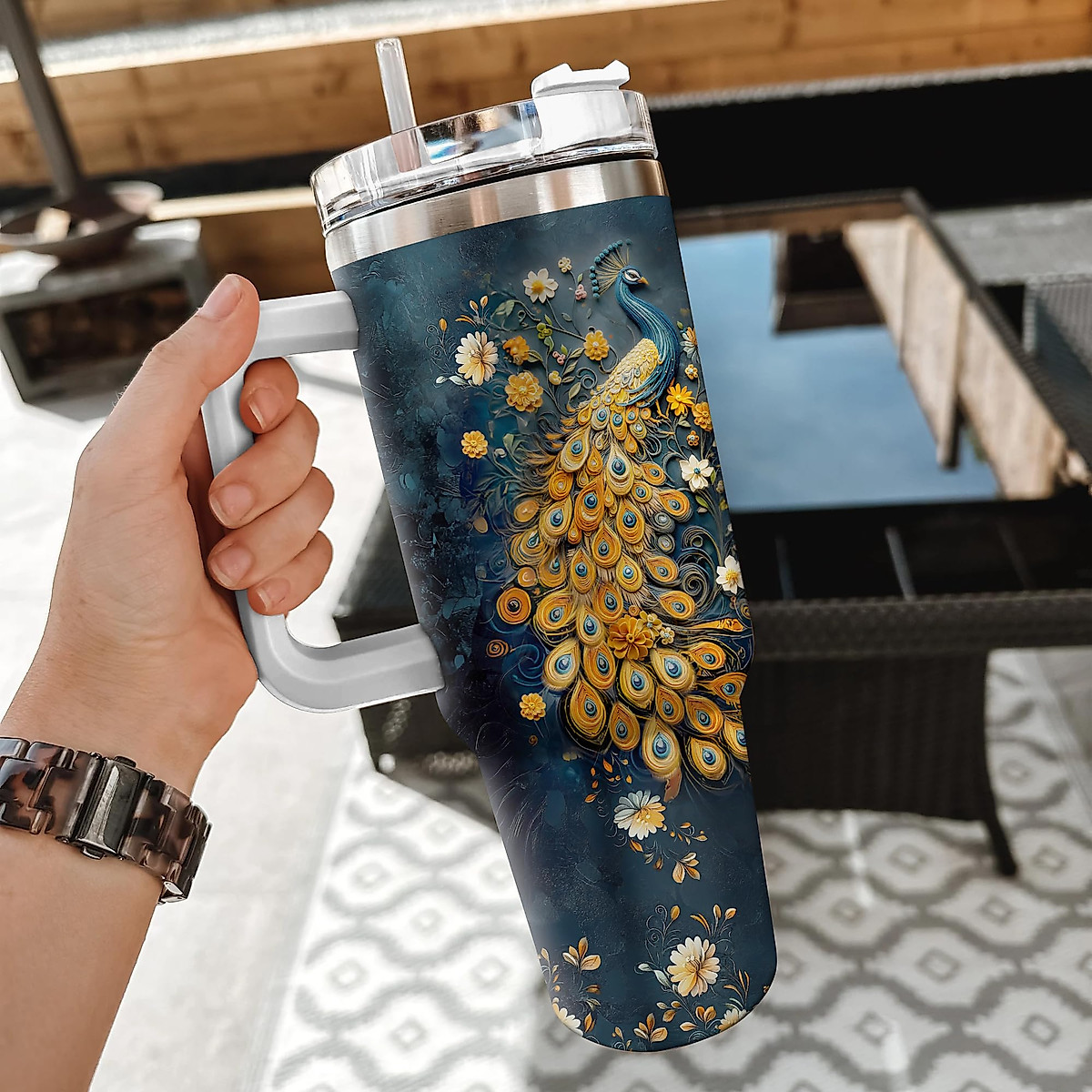 Hyturtle Personalized Peacock Tumbler - Floral Peacock Gifts For Women - Animal Present For Peafowls Lover Her - Mothers Day Present For Mom - Custom Name Travel Coffee Cup 40 oz With Lid And Straw