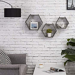 MyGift Rustic Gray Wood Hanging Shadow Boxes Display Case Wall Shelves with Hexagonal Shape, Set of 3