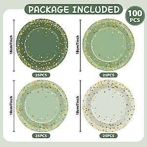 OBUSATT 100Pcs Sage Green Paper Plates Green and Gold Party Supplies Polka Dot Green Tableware Disposable 7 Inch Dinner Dessert Cake Plates for Bridal Baby Shower Wedding Birthday Party Decorations