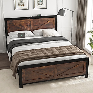 DOGIBIXO Led Bed Frame King Size with Charging Station, Industrial Platform Bed Frame with Rustic Barn Door Wood Headboard, Strong Metal Slats Support, Noise Free, No Box Spring Needed, Brown