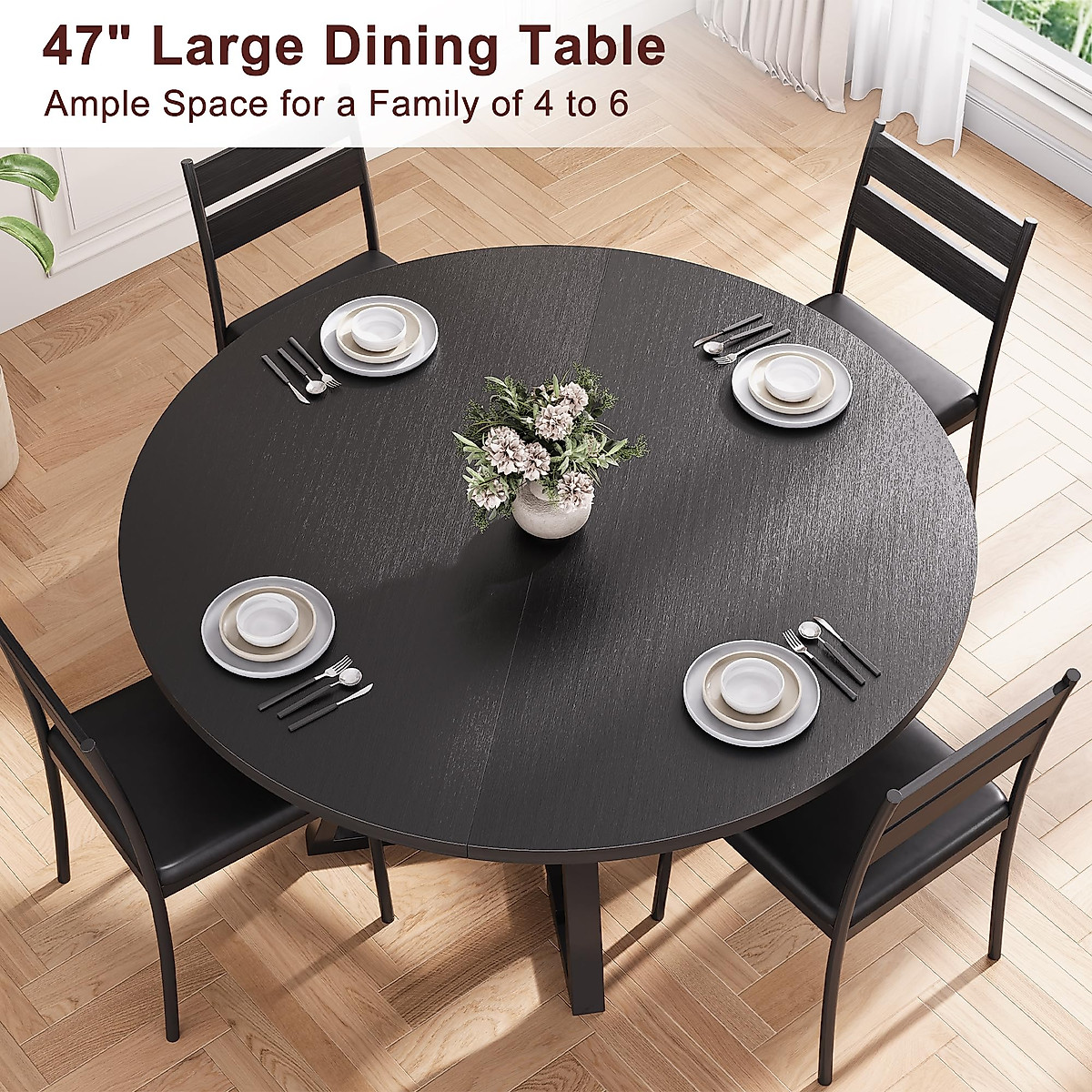 Jocoevol Round Dining Table for 4, Kitchen Table, Dining Table, Circle Table, Round Pedestal Dining Table, Dining Room Table, Dinner Table,Space Saving Wood Kitchen & Dining Room Tables, 47In (Black)