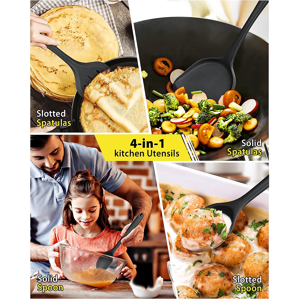 4 Pcs Silicone Kitchen Utensils Set, Wok Spatulas-Slotted Turner-Cooking Spoon-Slotted Spoon, Nonstick BPA Free High Heat Resistant Cooking Utensils for Frying, Mixing, Serving, Draining, Stirring