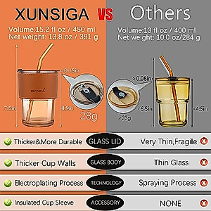 Xunsiga 15 oz Glass Cups with Lids and Straws, Glass Iced Coffee Cup with Insulated Leather sleeve, Cute Glass Coffee mugs for coffee Iced Tea Smoothie Cups, Glass Tumbler with lid - Amber