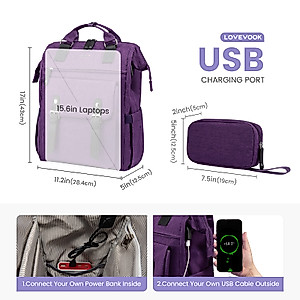 LOVEVOOK 15.6 inch Laptop Backpack for Women, Teacher Nurse Work Travel Backpacks Purse,Computer Bag with USB Charging Port, Purple