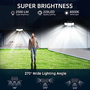Solar Outdoor Lights, 229 LED 2500LM Super Brightness Motion Sensor Security Light with Remote Control, 3 Lighting Modes 270° Wide Angle, Adjustable 3 Heads, IP65 Waterproof Wall Light, 2 Pack