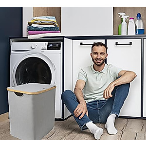 60L Capacity Bamboo Laundry Basket with Lid & Handle, Foldable Laundry Basket, Hamper