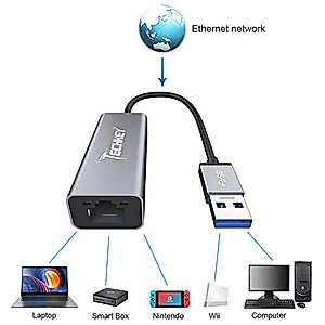 Ethernet Adapter USB 3.0 to Network, Techkey USB to RJ45 Gigabit LAN/Windows XP/for Mac OS X /10.9-11.1, 10/100/1000 Mbps Ethernet Supports Nintendo Switch/MacBook/Chromebook