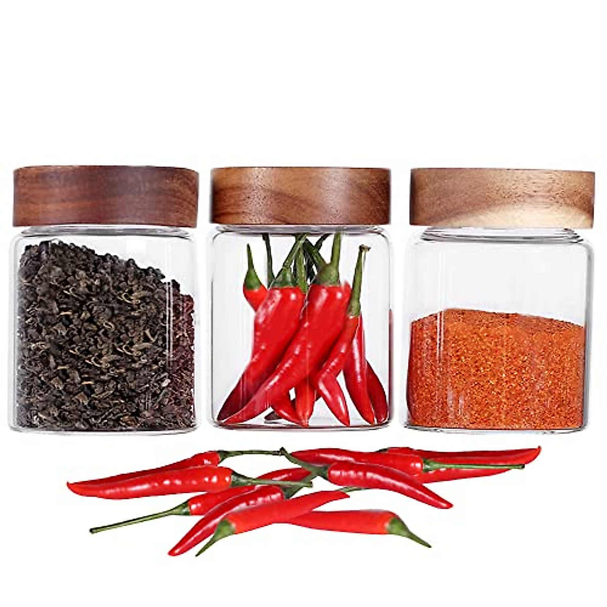 SAIOOL 3 Packs Glass Food Storage Jars with Screw Airtight Seal Acacia Wood Lids,Spice Jars with Lids, Organization for Jars Bottles Containers Travel Gear, Sugar, Salt,Coffee, cookies,spices