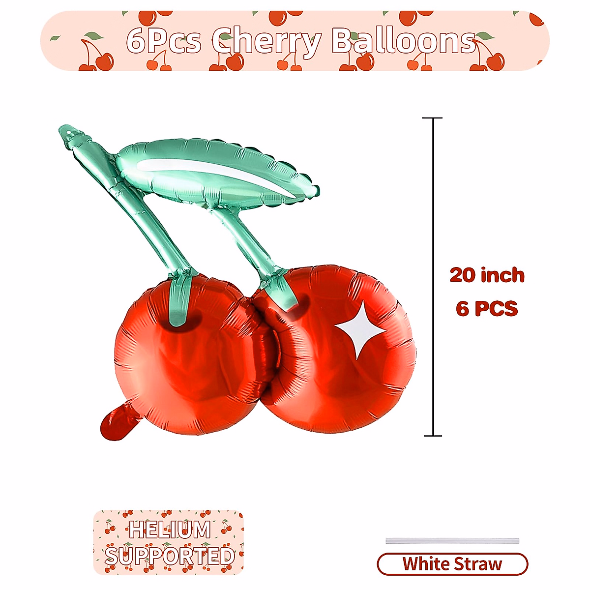 6Pcs Cherry Balloons,20 Inch Cherry Fruit Balloons For Fruit Cherry Theme Birthday Wedding Baby Shower Party Decoration