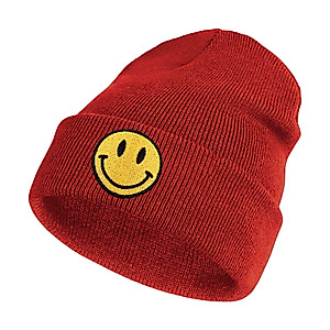 lycycse Womens Beanies for Winter Cuffed Beanie Hats with Smile Face Patch Knit Acrylic Slouchy Beanie Ski Hat Warm Skull Cap Red