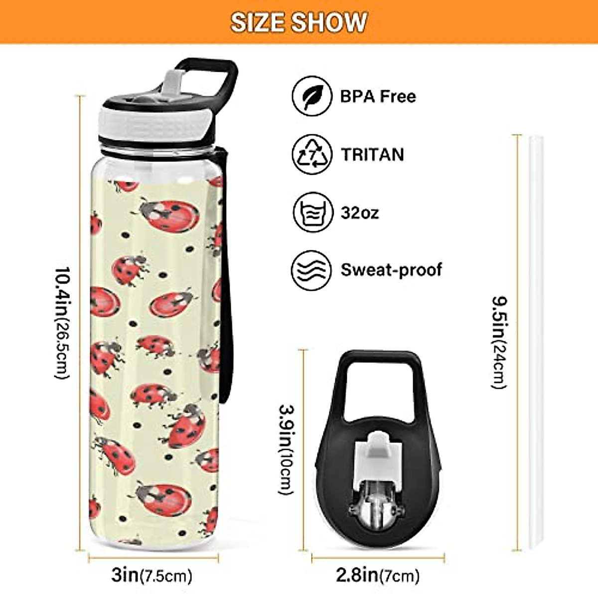 Wusikd Ladybug Water Bottle Tritan BPA-Free Drink and Straw Leakproof Motivational Yellow Drinking Water Bottles with Carrying Strap for Office, Gym, Outdoor Sports