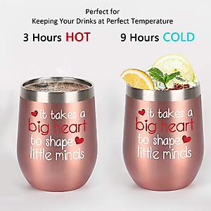 GINGPROUS It Takes a Big Heart to Shape Little Minds Wine Tumbler, 12 Oz Stainless Steel Wine Tumbler Glass with Lid and Straw, Funny Birthday Thank you Teacher Appreciation Gifts for Teachers Women