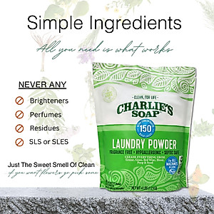 Charlie’s Soap Laundry Powder New (150 Loads, 1 Pack) Fragrance Free Hypoallergenic Plant Based Deep Cleaning Laundry Powder – Biodegradable Eco Friendly Sustainable Laundry Detergent
