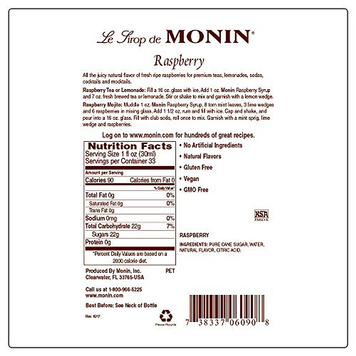 Monin - Raspberry Syrup, Sweet and Tart, Great for Cocktails and Lemonades, Gluten-Free, Non-GMO (1 Liter)
