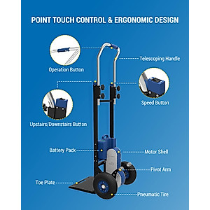 XSTO Electric Stair Climber, 375lbs Load Capacity Aluminum Stair Climbing Dolly Cart, 1200W Peak Power Motor Electric Dolly, Powered Hand Trucks with Ergo Telescoping Handle & Pneumatic Wheels