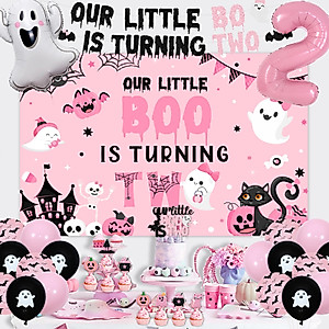 Fangleland Halloween Girls 2nd Birthday Decorations - Our Little Boo Is Turning Two Second Birthday Party Supplies for 2 Year Old Girl - Ghost Bat Backdrop Balloons Cake Topper Pink and Black