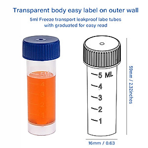Leakproof Freeze Lab Test Tube with Screw Cap Graduated Storage Vial Plastic Cryo Test Sample Storage Tube Self Stand Conical Bottom Transport Frozen Bottle Container Non-Pyrogenic DN/RNase Free 50PCS