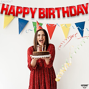 KatchOn, Shiny Red Happy Birthday Banner - Pre-Strung, 10 Feet | Red Happy Birthday Sign for Red Happy Birthday Decorations | Red Birthday Banner, Red Happy Birthday Garland | Red Birthday Decorations