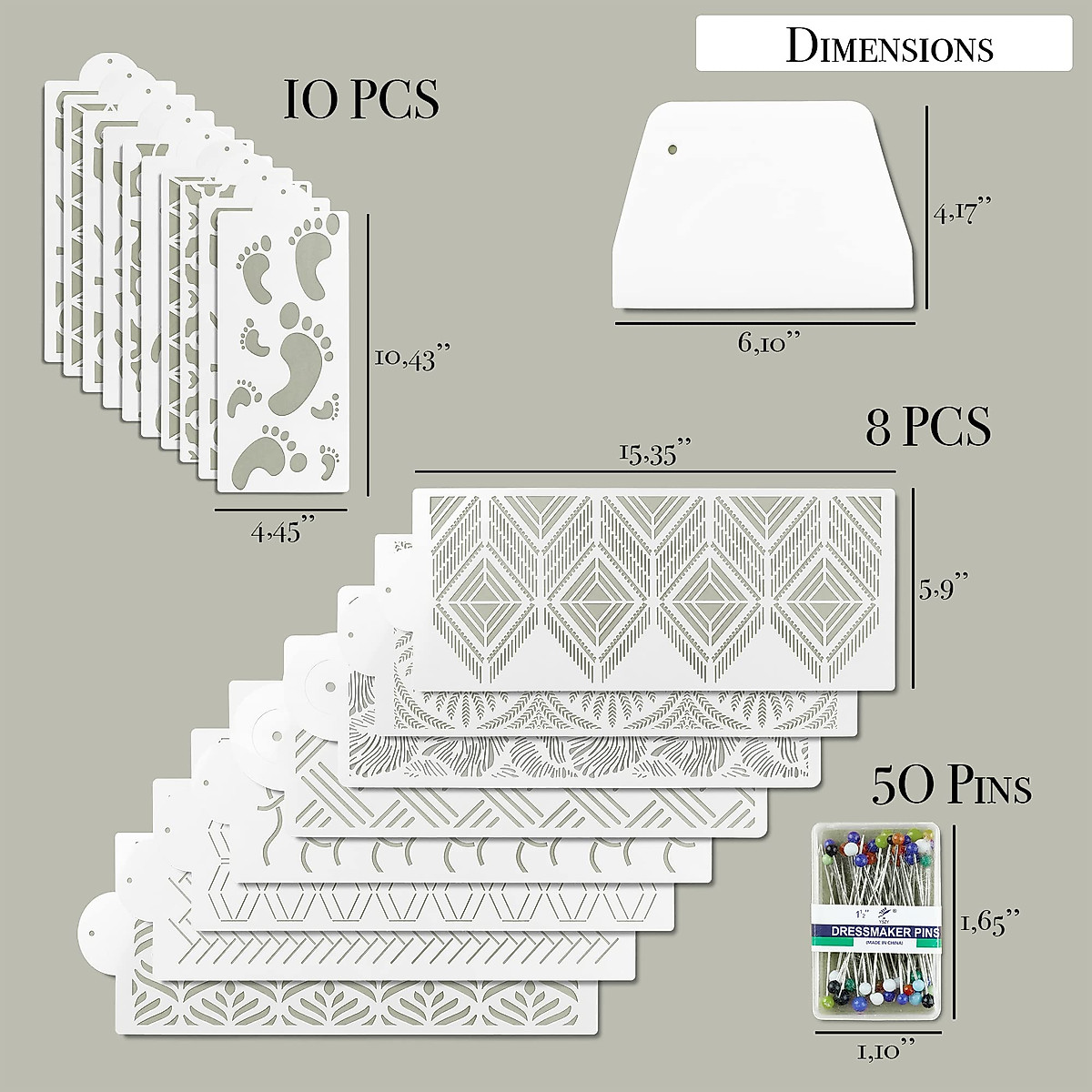 18 PCS Cake Stencils Set - Templates with Scraper and 50 Pins for Decorating Dessert Baking Buttercream Icing Molds Lace Mermaid- Mesh Floral Reusable Spray Fondant Cookie Wedding