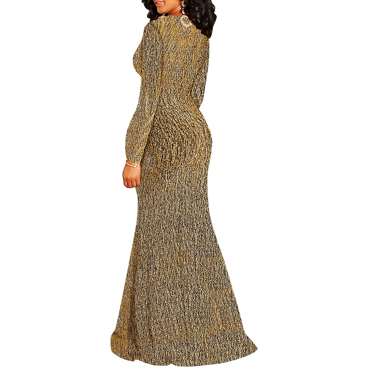 Women's Sexy Long Sleeve Sparkly Maxi Dress V Neck High Slit Wrap Formal Gown Cocktail Glitter Maxi Long Dresses Gold
