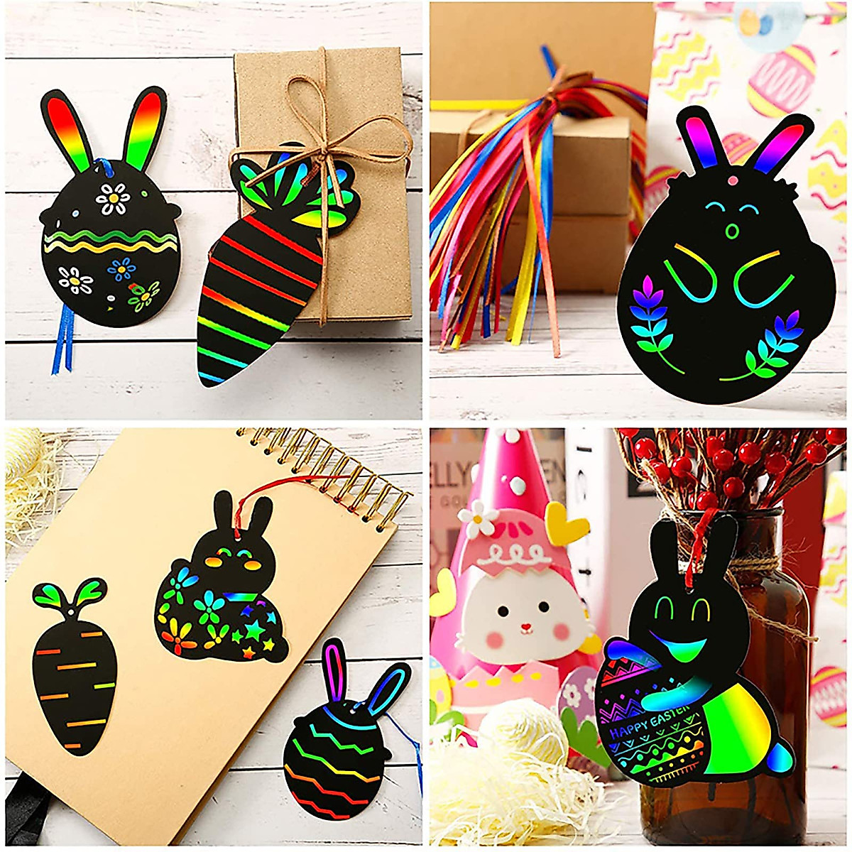 12Pcs Easter Scratch Paper,Easter Crafts for Kids,Easter Eggs Easter Bunny Carrots Rainbow Scratch Paper,Easter Scratch Art for Kids,Easter Toys Easter Gifts for Kids