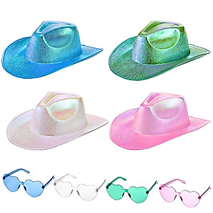 Cididu Set of 4 Holographic Space Cowgirl Hat, Metallic Space Cowboy Party Hat with Heart Glasses for Women, Neon Sparkly Glitter Disco Cowgirl Rave Hat for Costume Dress Up Party Accessories