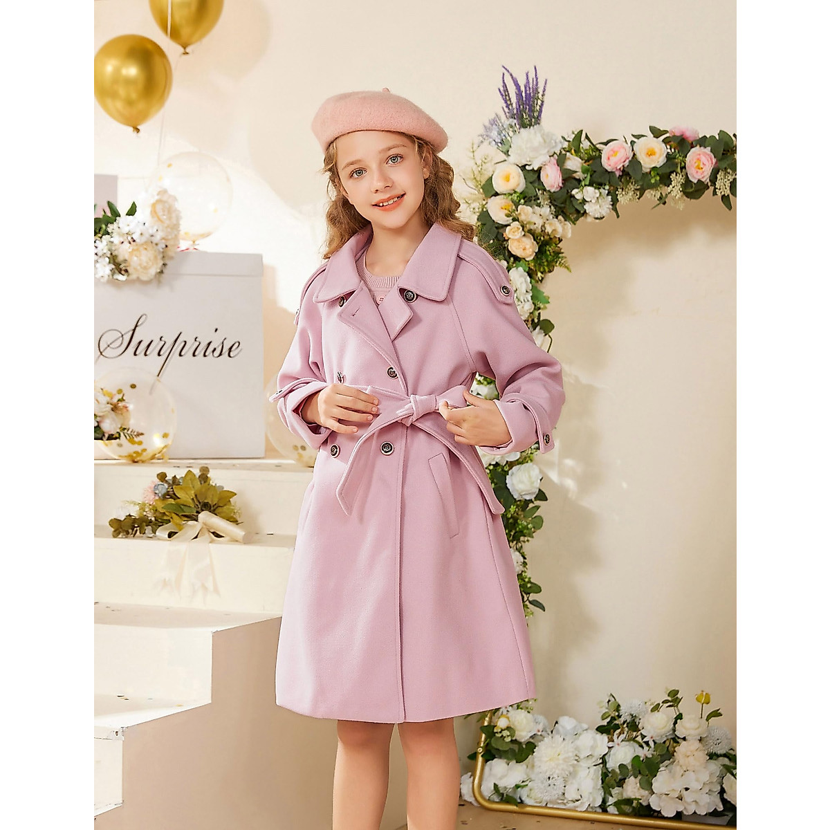 GRACE KARIN Kid Dress Coat Lapel Long Winter Pink Coats for Girls Size 8-10 Pockets Belt