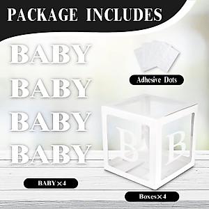 JOYYPOP Baby Boxes with Letters for Baby Shower, 4 Transparent Balloon Boxes with 16 Letters for Boys & Girls Birthday, Gender Reveal Decorations and Wedding Party(White)