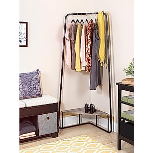 J&V TEXTILES Corner Garment Rack, White with Wood Grain Laminate Top (Matte Black)