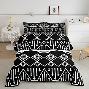 Boho Aztec Bedding Set Queen Size Black and White Comforter Set Exotic Morden Triangle Lattice Down Comforter Tribal Minimalism Room Decor 3 Pieces Quilted Duvet for Adult Men Women