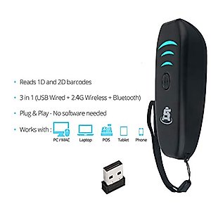 ScanAvenger Portable Mini-Wireless Bluetooth Barcode Scanner: Hand Scanners - Cordless, Rechargeable 1D & 2D Scan Gun for Inventory Management - Wireless, Handheld USB QR (1D & 2D Barcode Scanner)