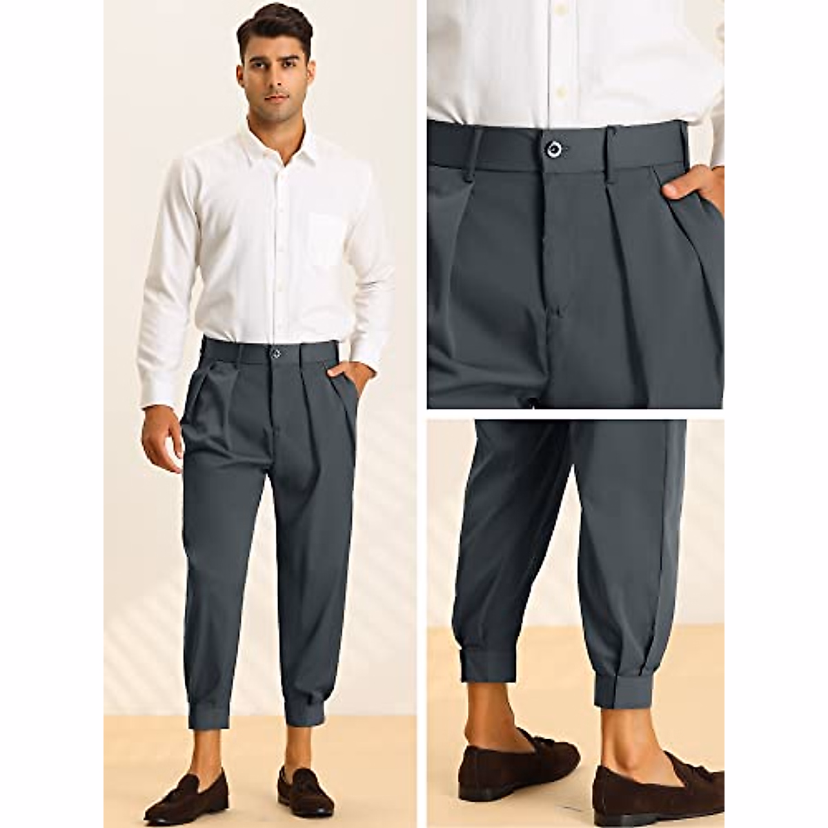 Lars Amadeus Gray Cropped Pants for Men's Solid Color Double Pleated Tapered Dress Pants 36 Dark Gray