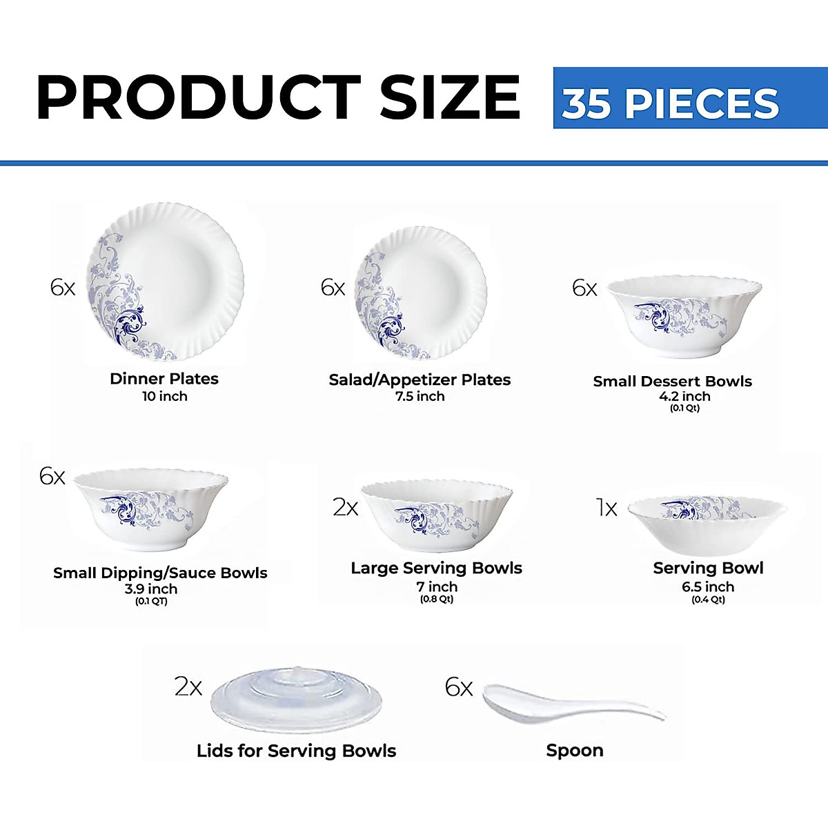 Borosil Gourmet Dinnerware Set For 6, 35 Pieces, White Dinner Plates and Bowls Sets, Chip Resistant Tempered Opal Glass, Stain Resistant, Dishwasher & Microwave Safe Dinner Set For Gifting