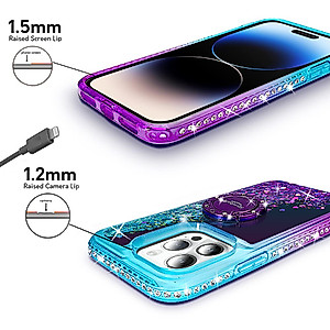 Silverback Designed for iPhone 14 Pro Case,14 Pro Phone Case with Ring Kickstand,Glitter Bling Flowing Liquid Quicksand for Women Girls Phone Case for iPhone 14 Pro,Purple