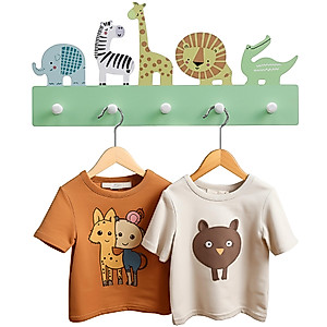 Navaris Kids Coat Hooks Rack - Wooden Hanger Rail with 5 Pegs - Wall Mounted Children's Coat Rack with 5 Hooks - Cute Animals Design
