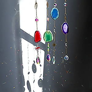 4pcs Natural Agate Slice Suncatchers AB Coating Crystal Prisms Wind Chimes Ornaments Rainbow Maker Hanging Pendant for Window Home Garden Decor