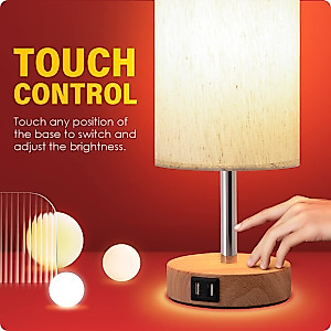 Yarra-Decor Bedside Lamp with USB Port - Touch Control Table Lamp for Bedroom Wood 3 Way Dimmable Nightstand Lamp with Round Flaxen Fabric Shade for Living Room, Dorm, Home Office (LED Bulb Included)
