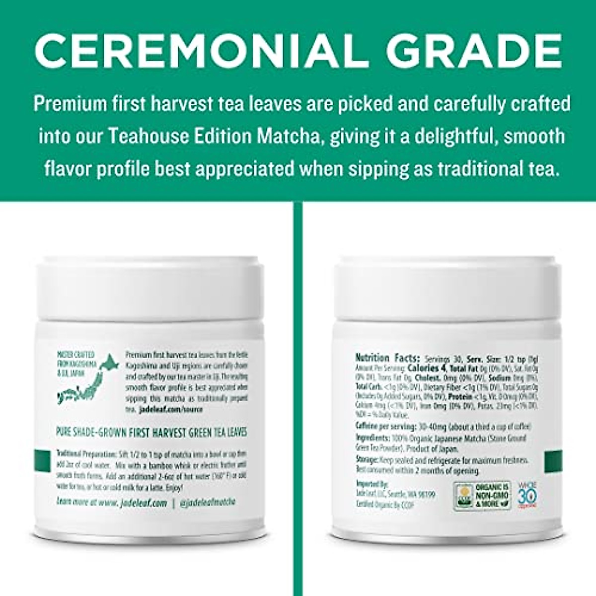 Jade Leaf Matcha Organic Green Tea Powder, Ceremonial Grade, Teahouse Edition Premium First Harvest - Authentically Japanese (1.06 Ounce Tin)