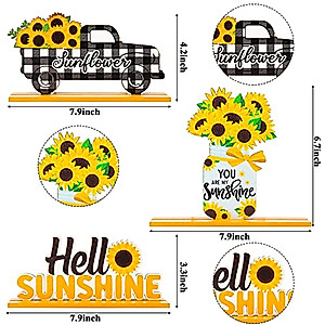 WATINC 3pcs Sunflower Wooden Table Centerpiece Sign Decoration, Hello Sunshine Wood Tabletop Signs, Summer Farmhouse Tiered Tray Table Topper Signs Decor for Home Kitchen Party Favor Photo Props