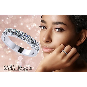 NANA Jewels Shared Prong 5 Stone Ring w/Sides Simulated Diamond Anniversary CZ Wedding Band, Platinum Plated Size 4.5