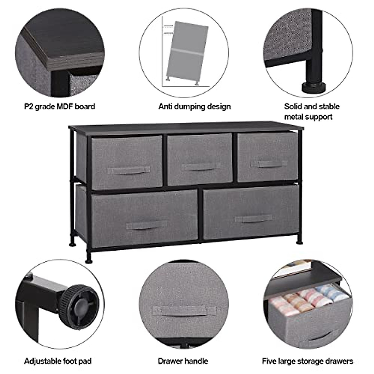 ZenStyle Fabric Dresser with 5 Drawers, Dresser Storage Tower, Storage Cabinet Organizer Unit for Bedroom, Living Room, Closet, Entryway, Hallway, Nursery Room, Grey
