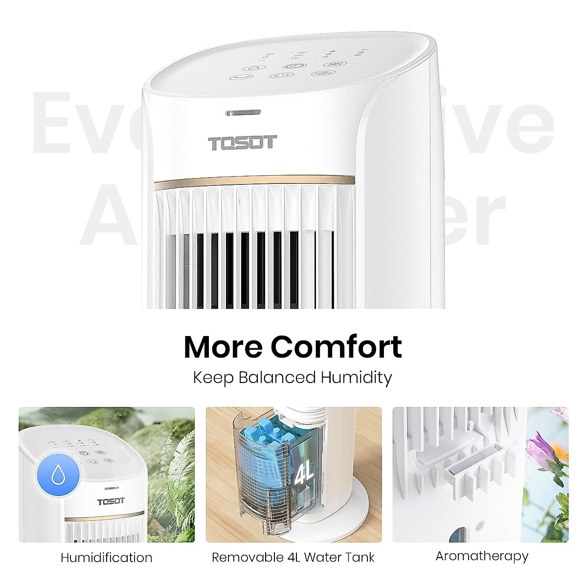 TOSOT Tower Fan Oscillating 80°, Cooling Fan with 2 Ice Packs, CFM 360m³/h, 3 Speed Quiet Fan with Remote Control, 7 Hours Timer, Humidifiers with Removable 4L Water Tank, Floor Fan for Home Bedroom