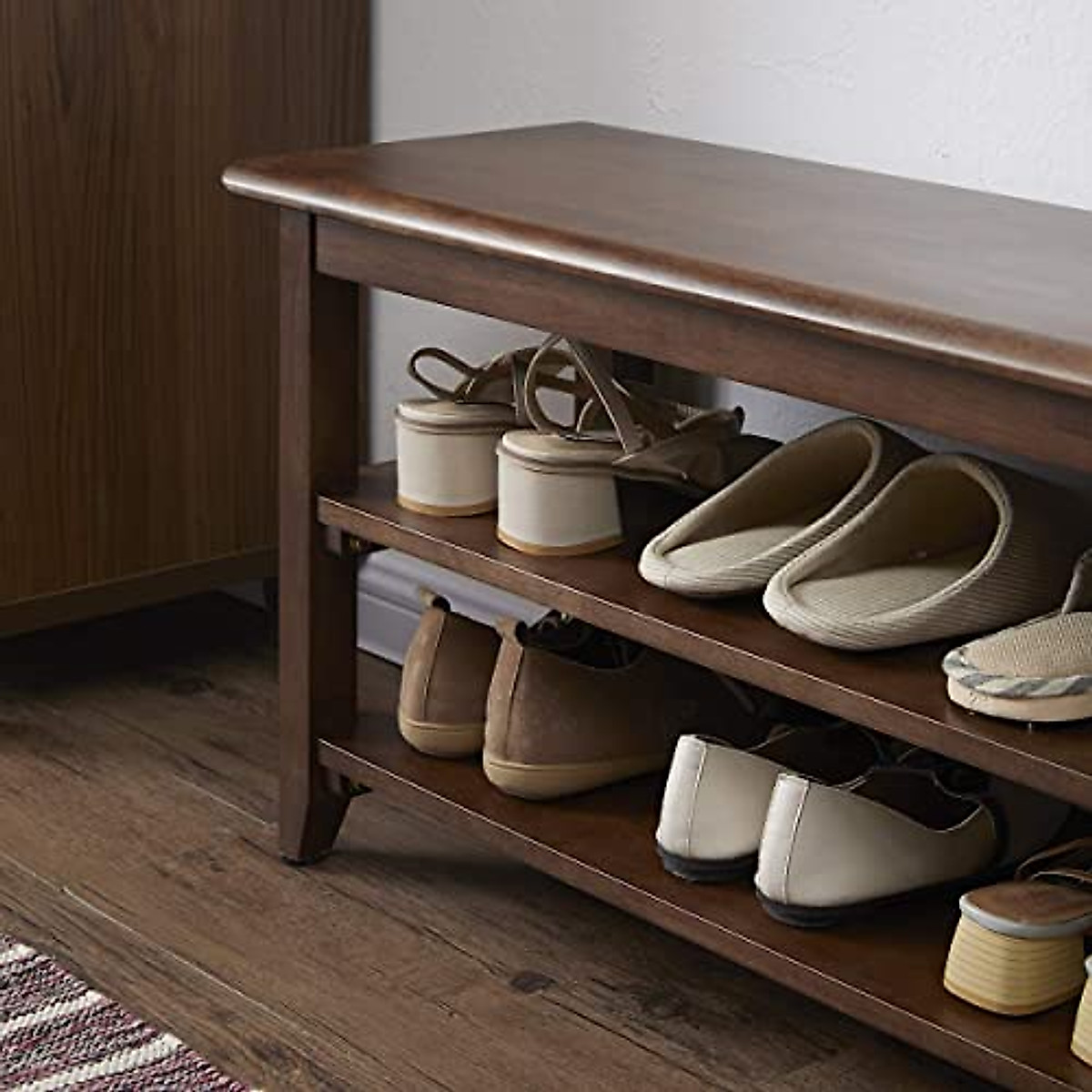TinyTimes Shoe Bench, 3-Tier Wood Heavy Duty Shoe Rack Bench, Shoe Organizer Shelf, Ideal for Entryway, Living Room, Holds Up to 550 lbs -Drak Brown, 48"