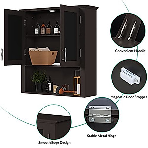 VIVIJASON Wall Mounted Bathroom Cabinet, Over The Toilet Space Saver Storage Cabinet, Medicine Wall Cabinet Storage Organizer, Cottage Collection Wall Cabinet with 2 Doors & Adjustable Shelf, Espresso